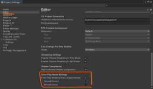 【Unity】 “Enter Play Mode Options” でEditor 再生開始を早くする – KAZUPON研究室
